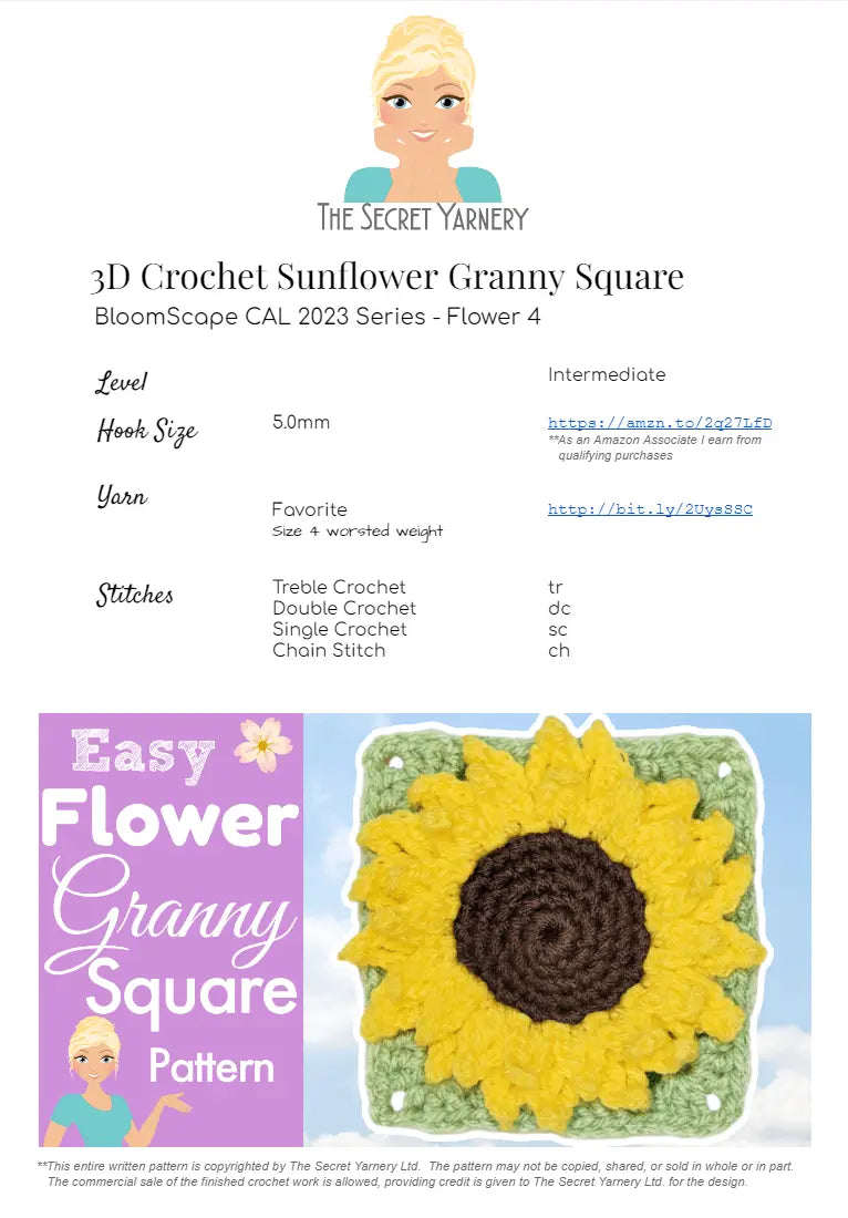3D Crochet Sunflower Granny Square - Secret Yarnery