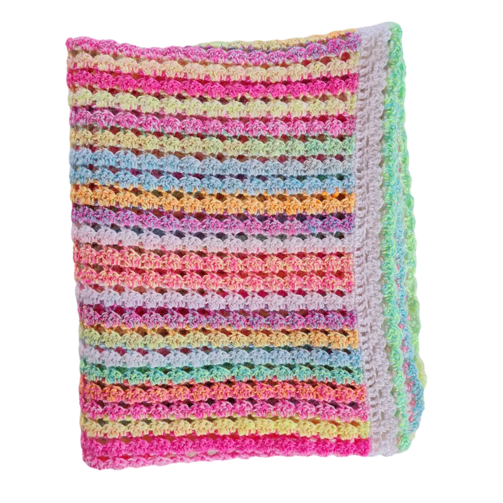 Candy Cradle Crochet Baby Blanket – Cozy with Stacking Shells Border