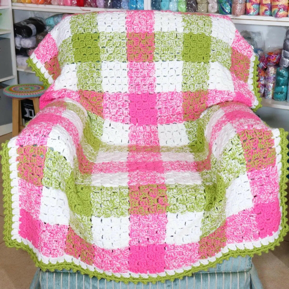 Gingham Crochet Corner to Corner Blanket with Easy Bobble Border ...